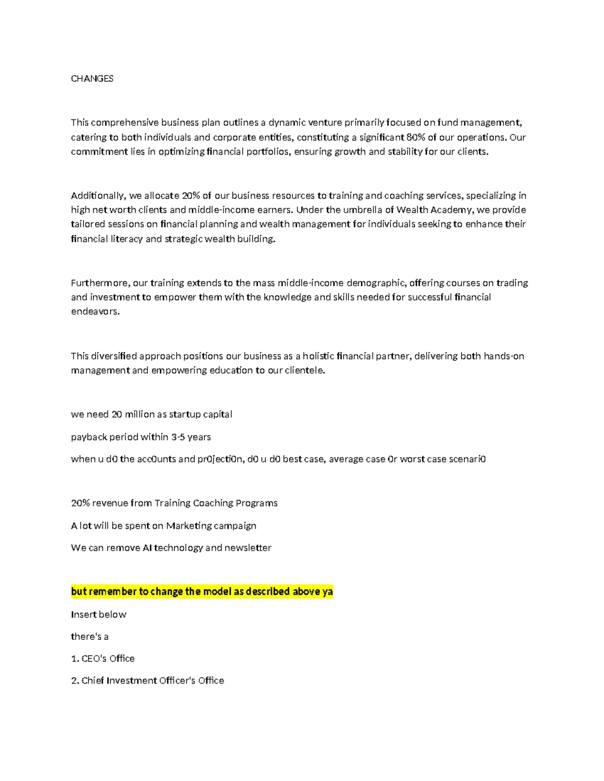 New Instructions for revised plan - CHANGES This comprehensive business ...