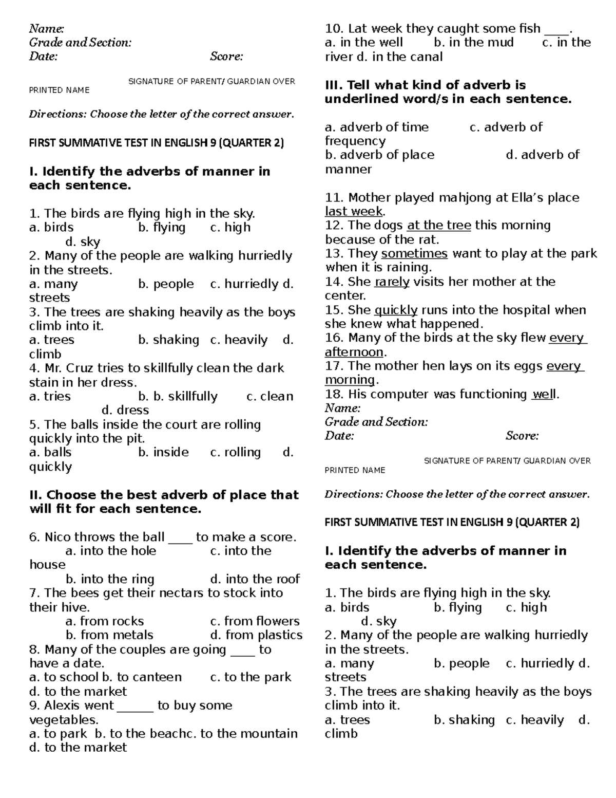 Revised First Summative TEST IN English 9 Q2 - Name: Grade and Section ...