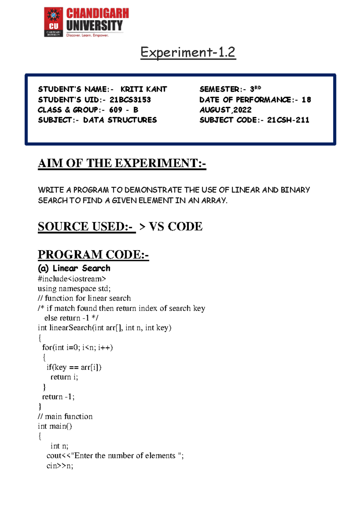 Kriti KANT 21BCS3153 609 B EXP 2 - Experiment-1. STUDENT’S NAME:- KRITI ...