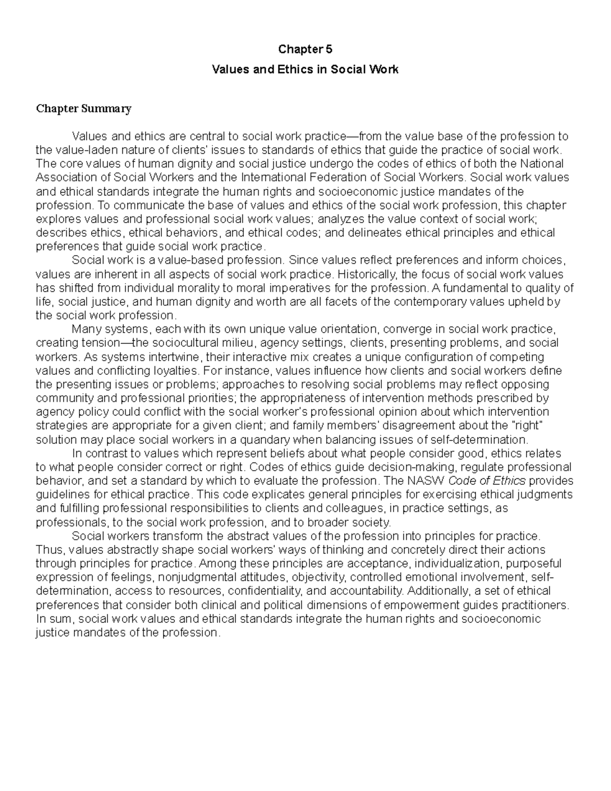 Chapter 5 - Chapter 5 Values and Ethics in Social Work Chapter Summary ...