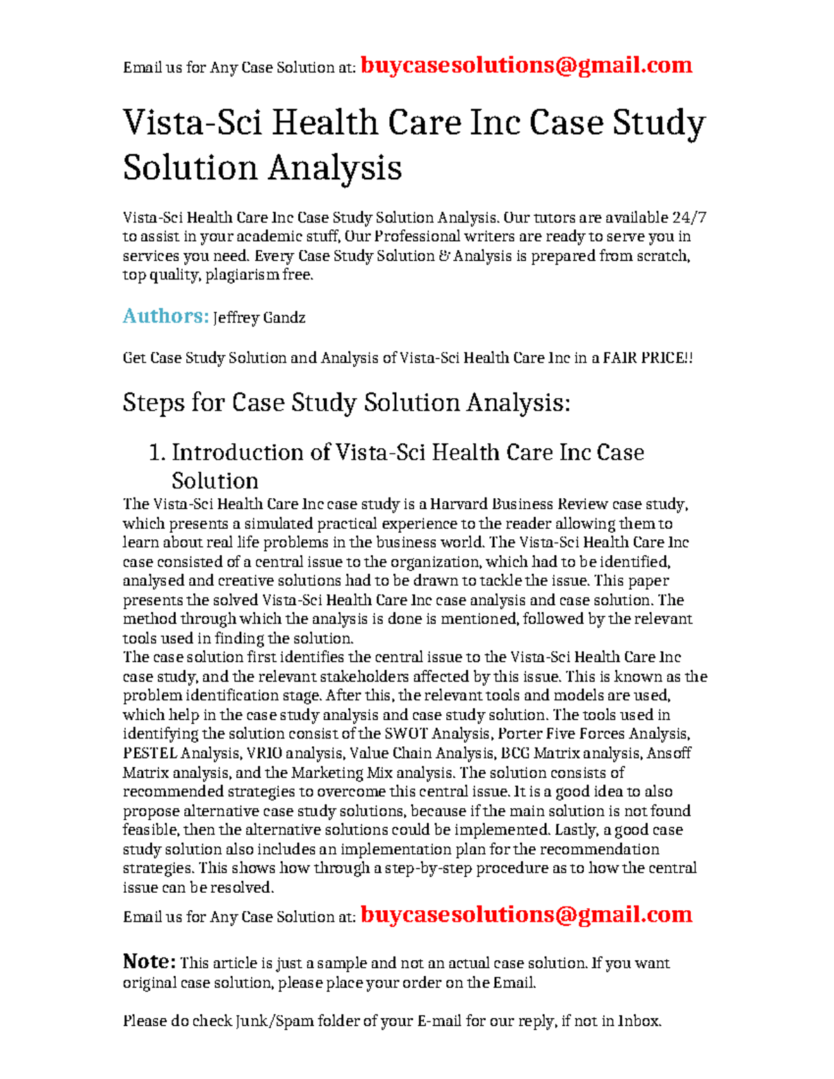 Case Solution Vista-Sci Health Care Inc - Vista-Sci Health Care Inc ...