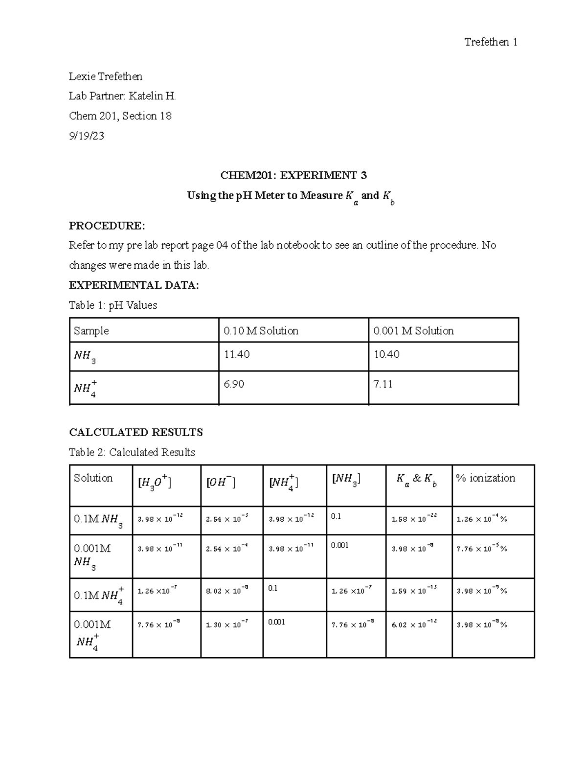 Chemistry 201 Lab Report Exp.3 Using the p H Meter to Measure the Ka and Kb - Trefethen 1 Lexie ...