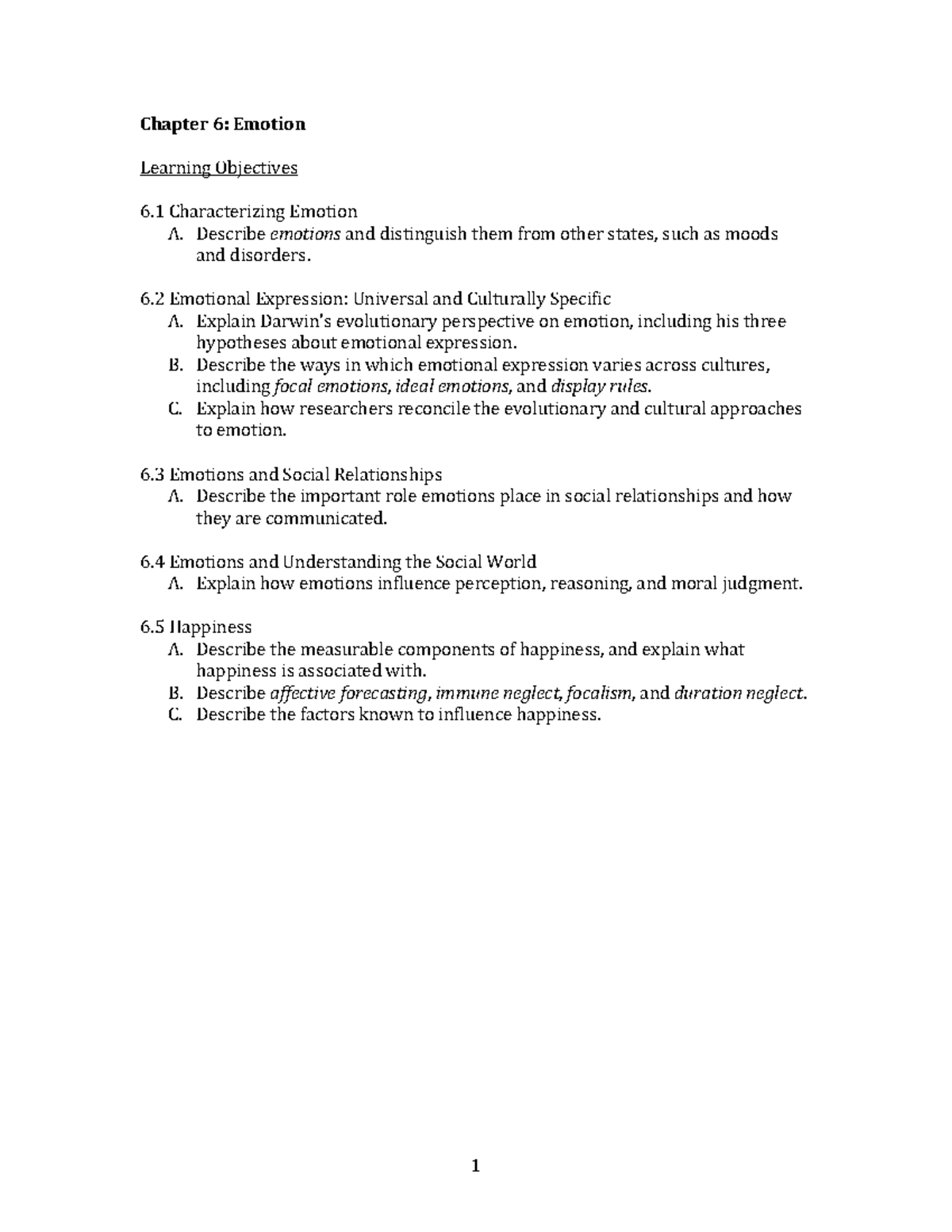 PSYC 3133 Learning Objectives CH. 6 - 1 Chapter 6: Emotion Learning Objectives 6 Characterizing ...