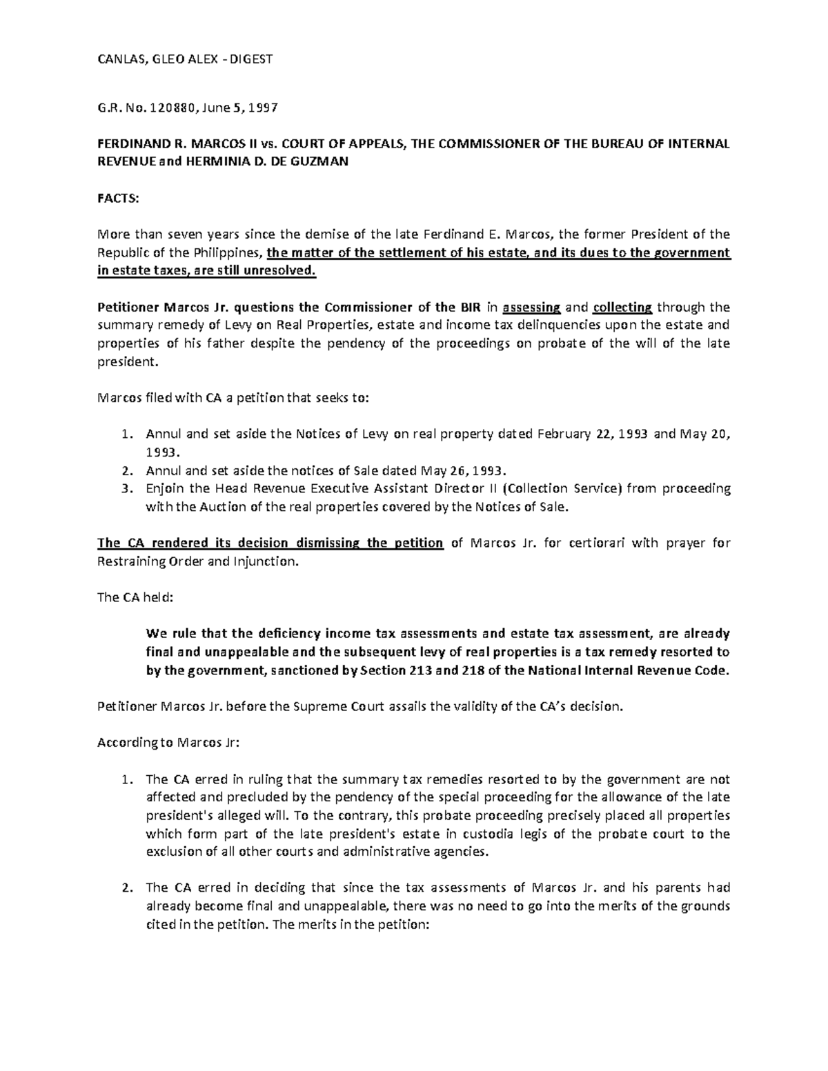 Case Digest Activity - G. No. 120880, June 5, 1997 FERDINAND R. MARCOS ...