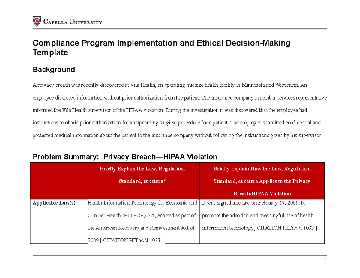 BHA-FPX4006 Assessment 1-1 - Compliance Program Implementation and ...