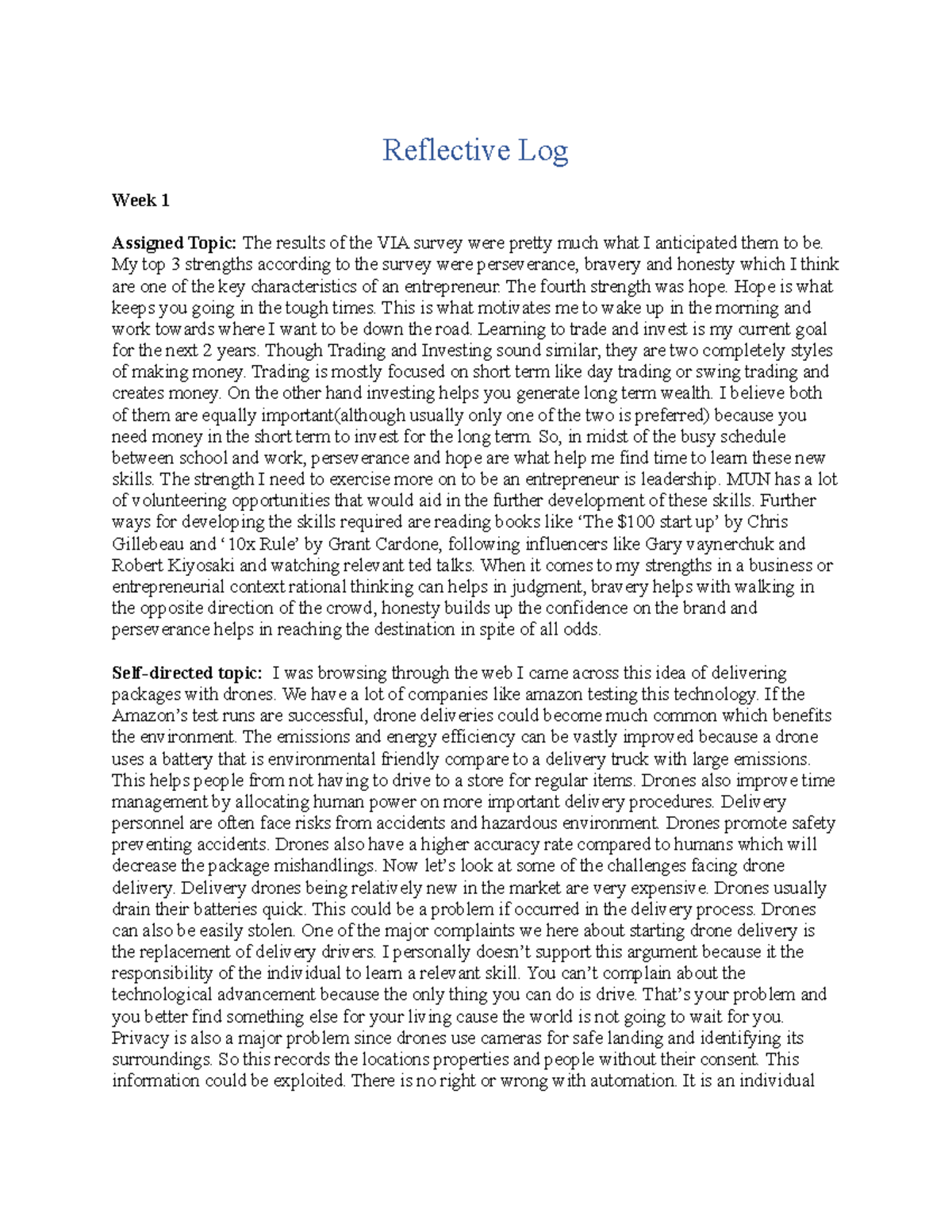 Reflective Log - Grade: A - Reflective Log Week 1 Assigned Topic: The ...