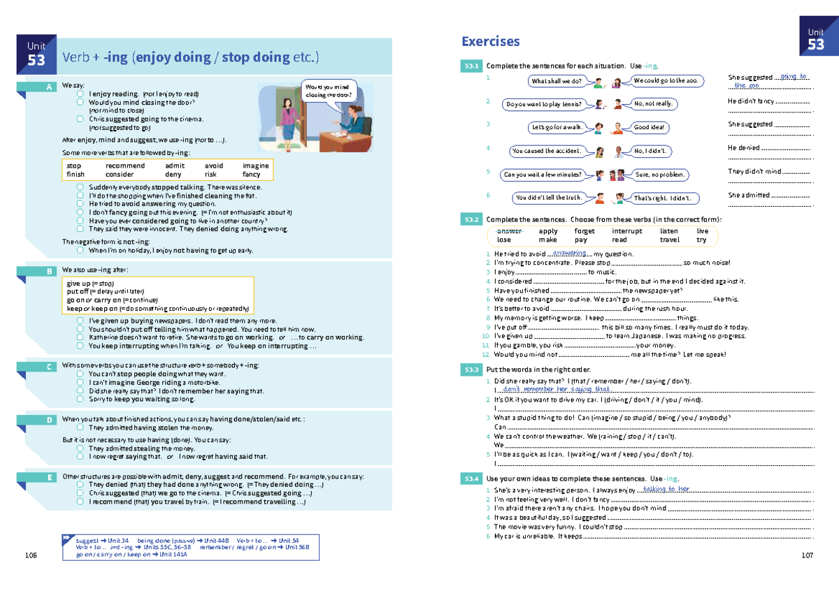 Grammar exercise - dsadad - Verb + - ing (enjoy doing / stop doing etc ...