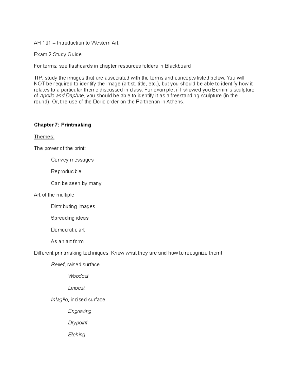 AH- Exam 2 Study Guide - Karen Barber - AH 101 – Introduction to ...