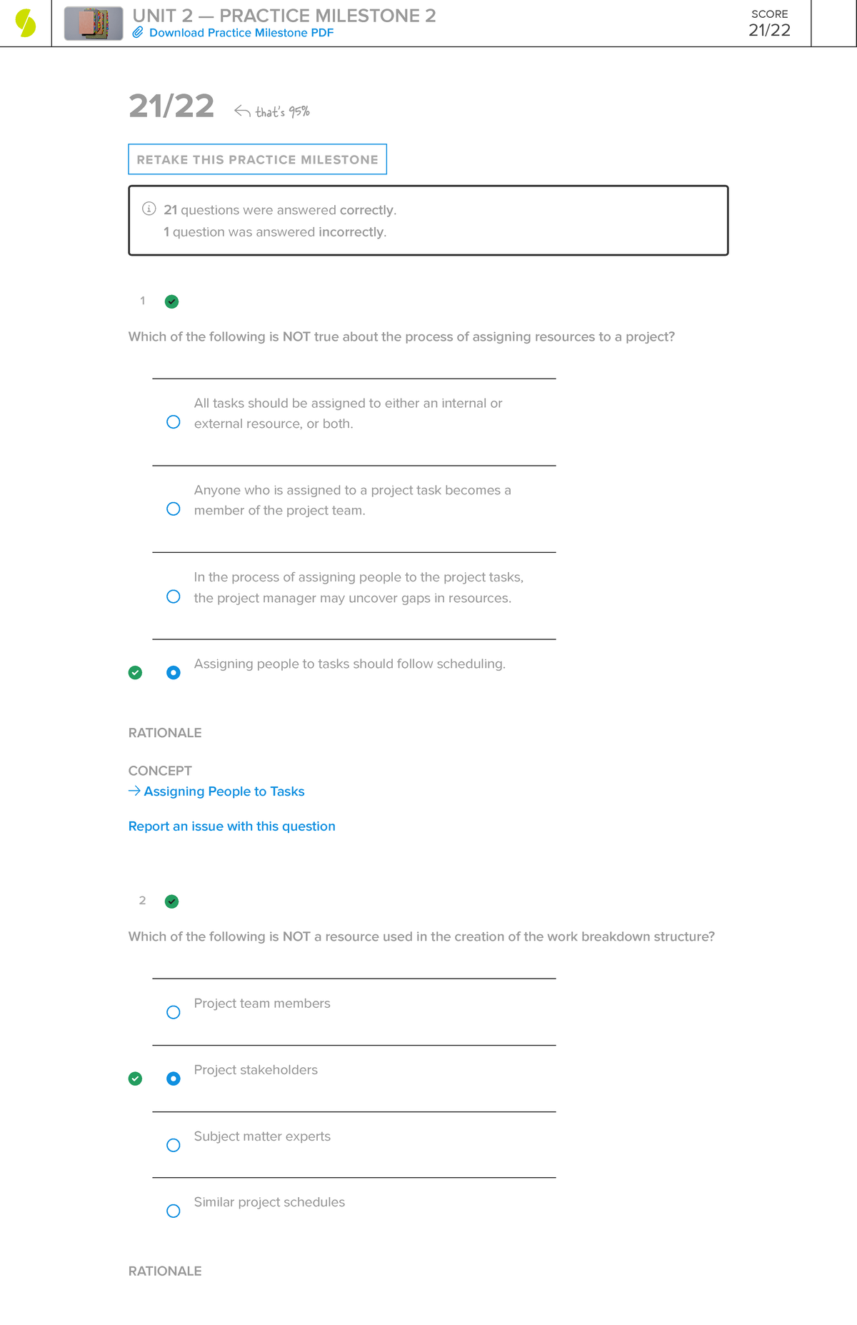 QSO340 Unit 2 Practice Milestone - 1 CONCEPT → Assigning People to Tasks 2 21 / 22 that's 95% ...
