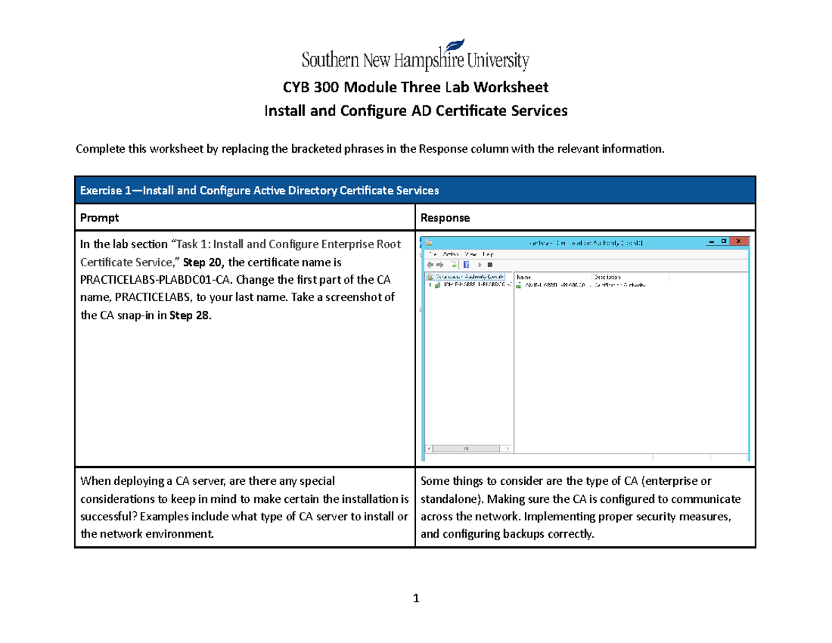 SNHU CYB 300 3 2 Lab Jamie Harrell - CYB 300 Module Three Lab Worksheet Install and Configure AD ...