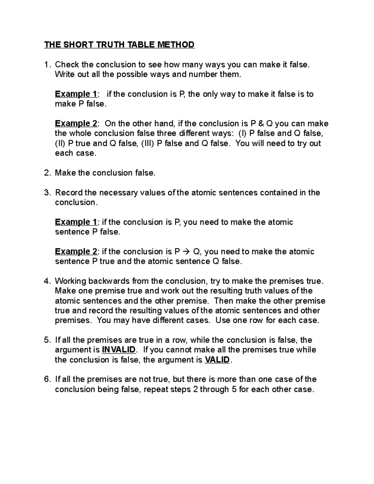 Short Truth Table Method - THE SHORT TRUTH TABLE METHOD Check the ...