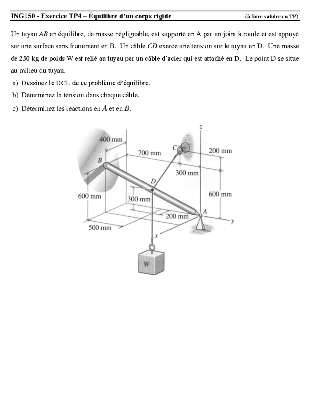 Exercice 4 – Équilibre d’un corps rigide - ING150 - Exercice TP 4 – Équilibre d’un corps rigide ...