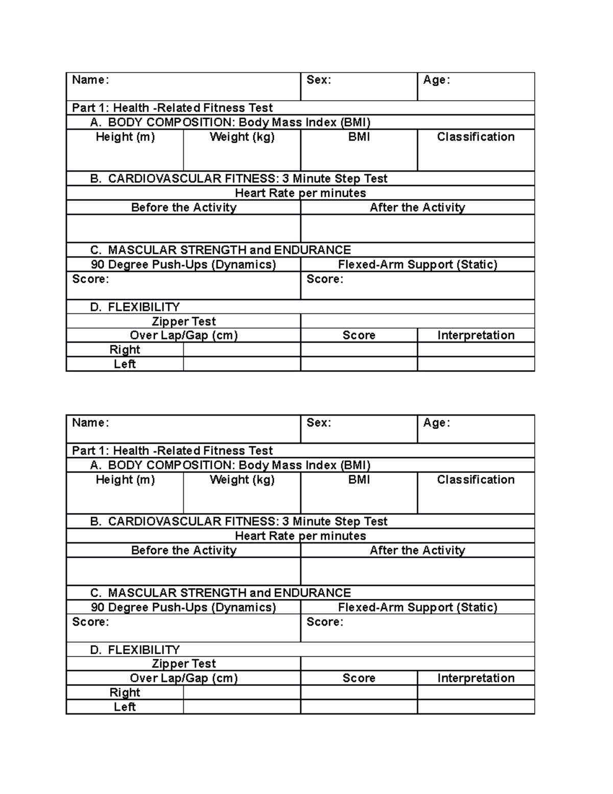 Pathfit Scoreboard - reference - Name: Sex: Age: Part 1: Health ...