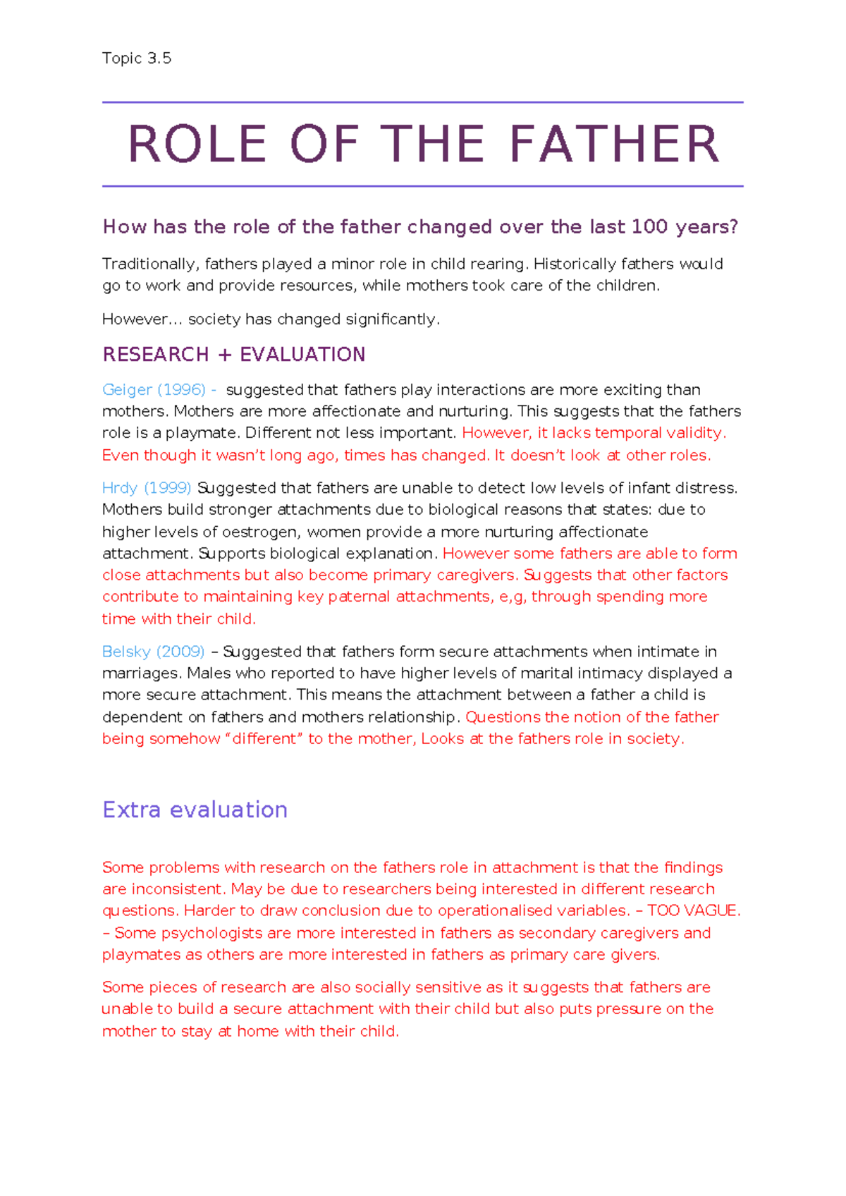 Role of the Father - Topic 3. ROLE OF THE FATHER How has the role of the father changed over the ...