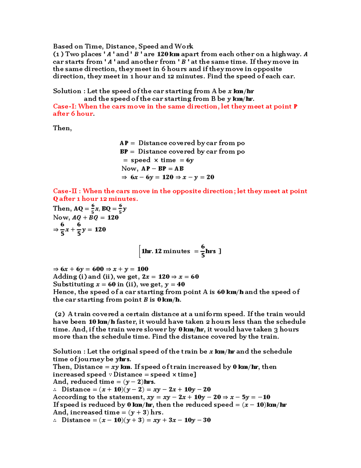 Problems sums linear equations - Based on Time, Distance, Speed and ...