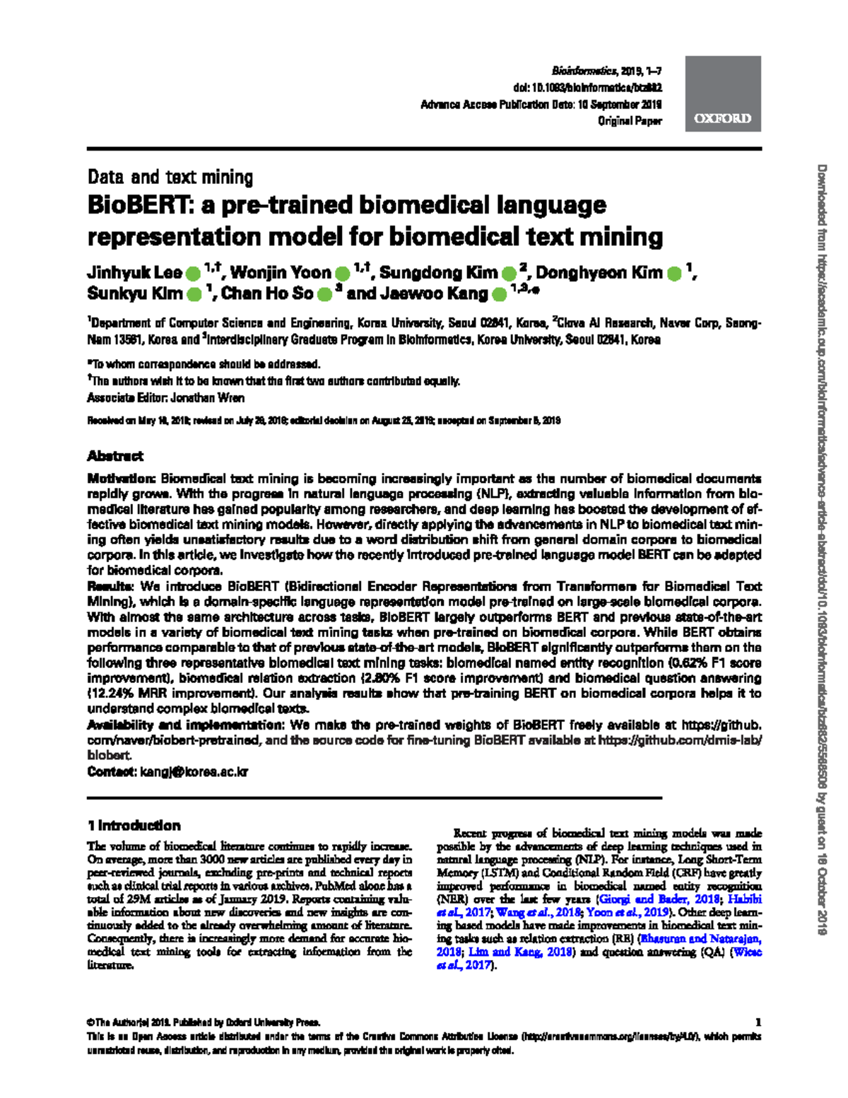 Bio BERT - LLM Model - Bioinformatics, 2019, doi: Advance Access ...