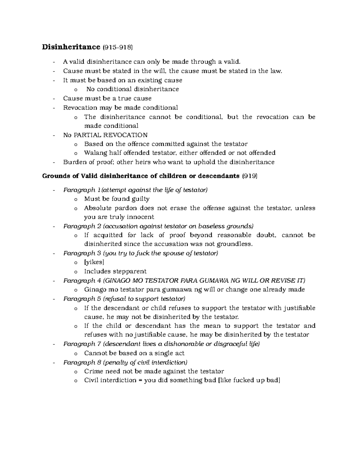 Wills and Succession - Disinheritance (915-918) A valid disinheritance ...