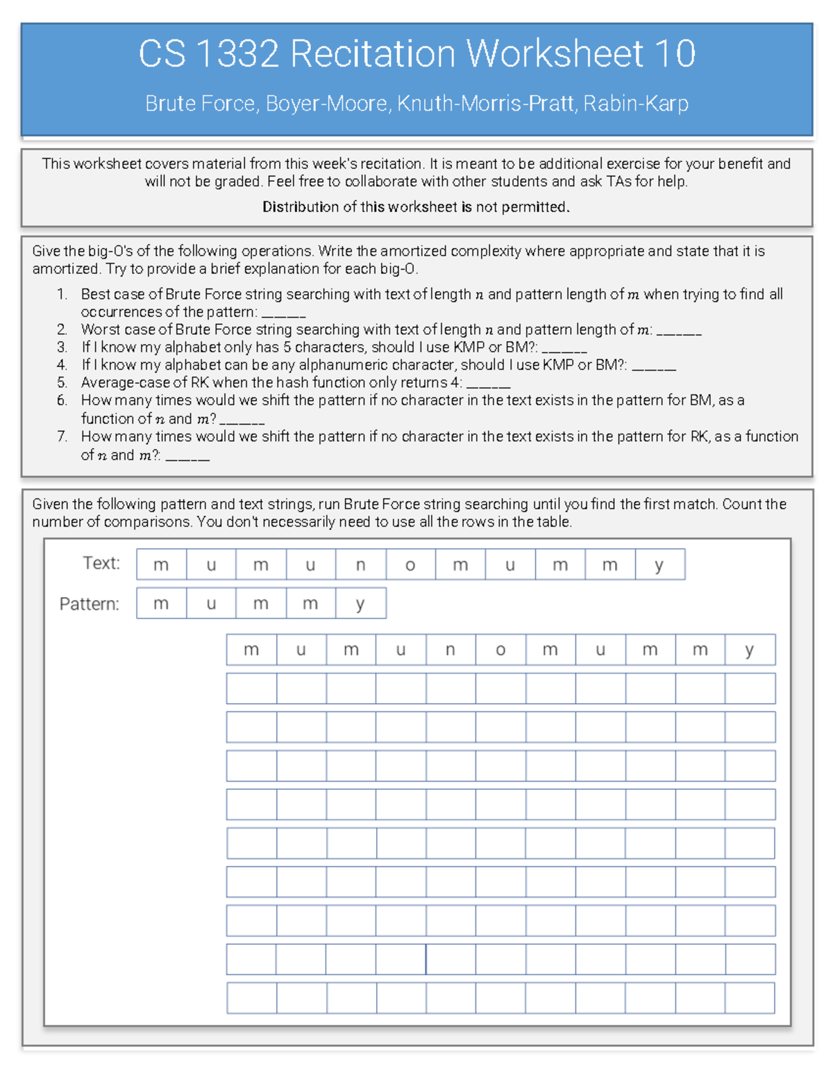 Worksheet 10 - CS 1332 Recitation Worksheet 10 Brute Force, Boyer-Moore ...