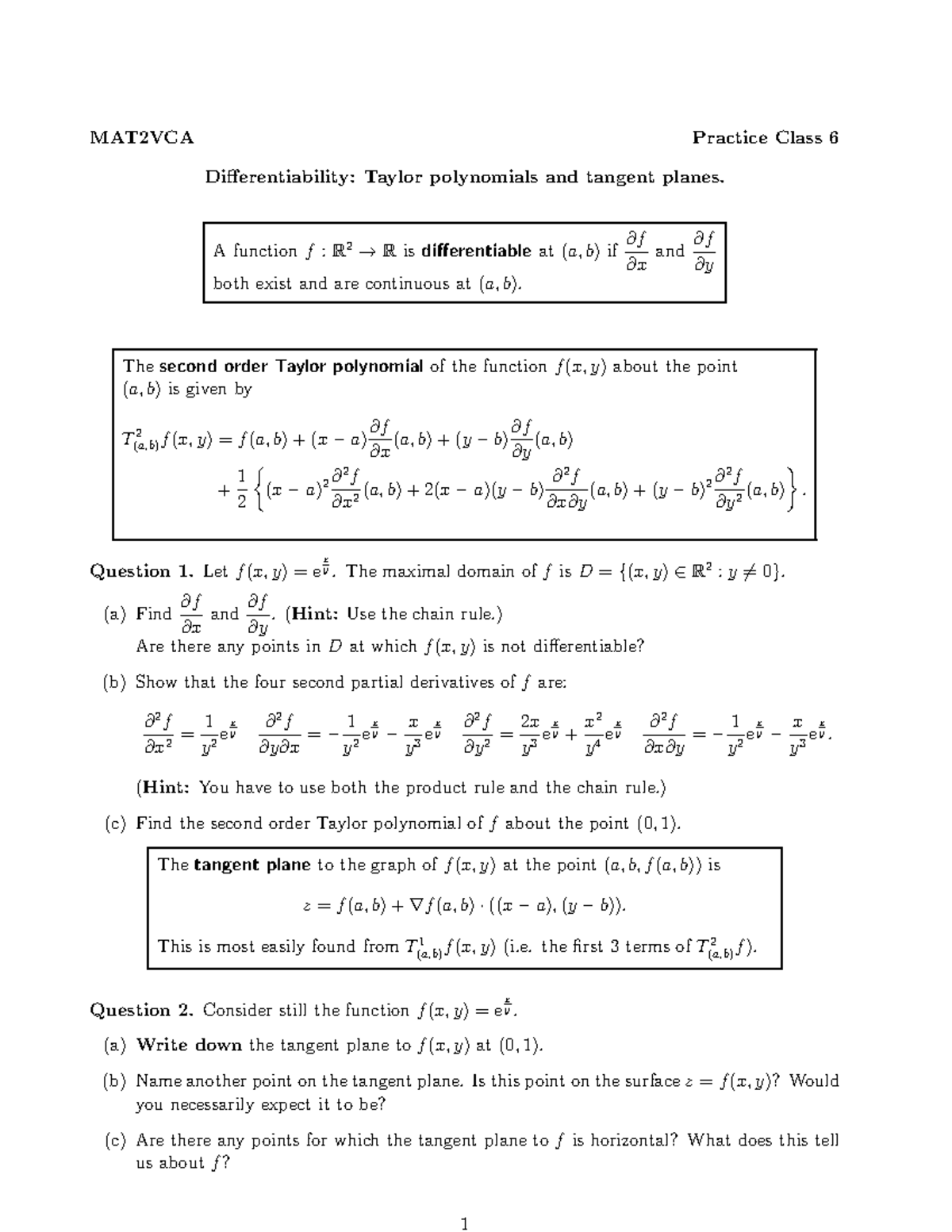 Tutorial Work - 6, 2014 - MAT2VCA Practice Class 6 Differentiability: Taylor polynomials and ...