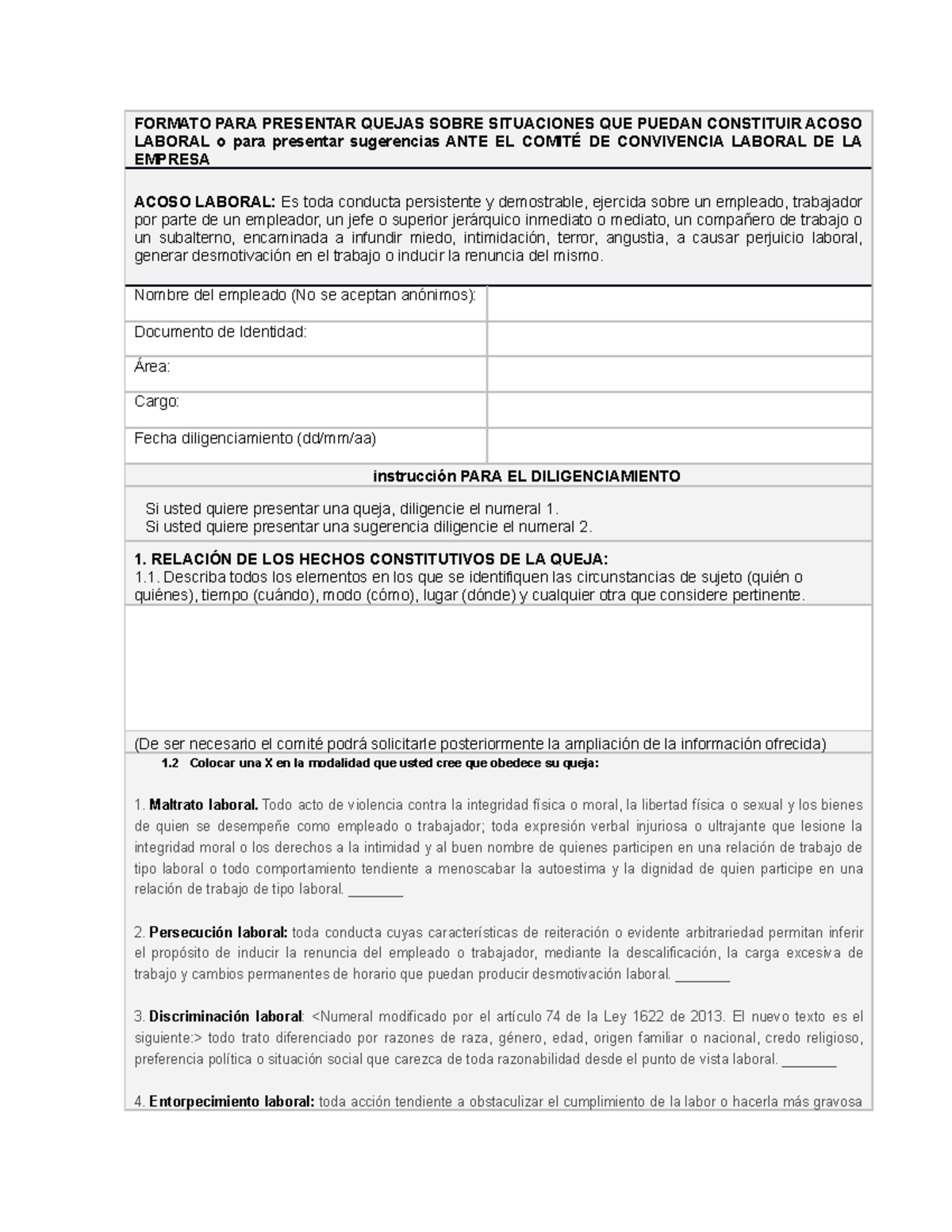 Formato Queja Acoso Laboral - FORMATO PARA PRESENTAR QUEJAS SOBRE ...