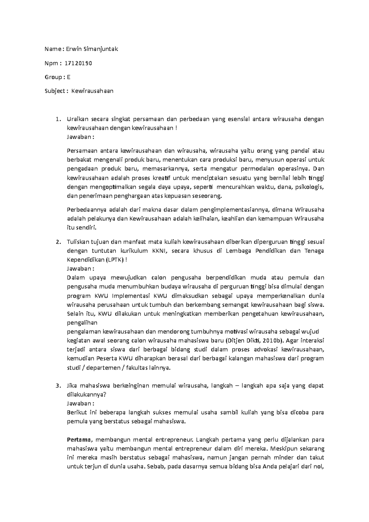 Soal dan Jawaban Kewirausahaan - Name : Erwin Simanjuntak Npm ...