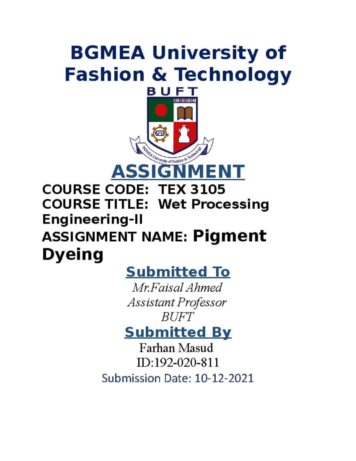 192-020-811 wet assignment - BGMEA University of Fashion & Technology ...
