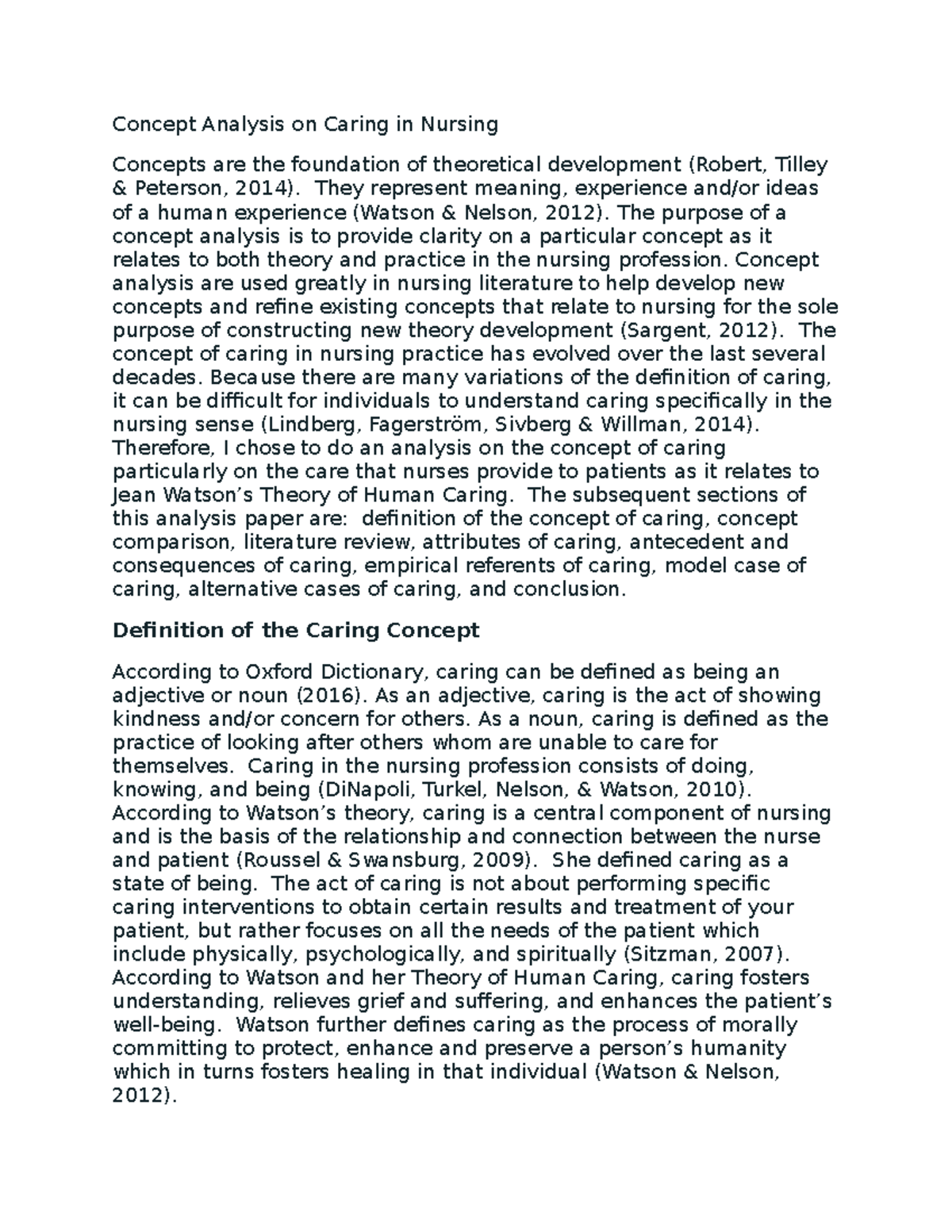 Concept Analysis on Caring in Nursing Paper - Concept Analysis on ...