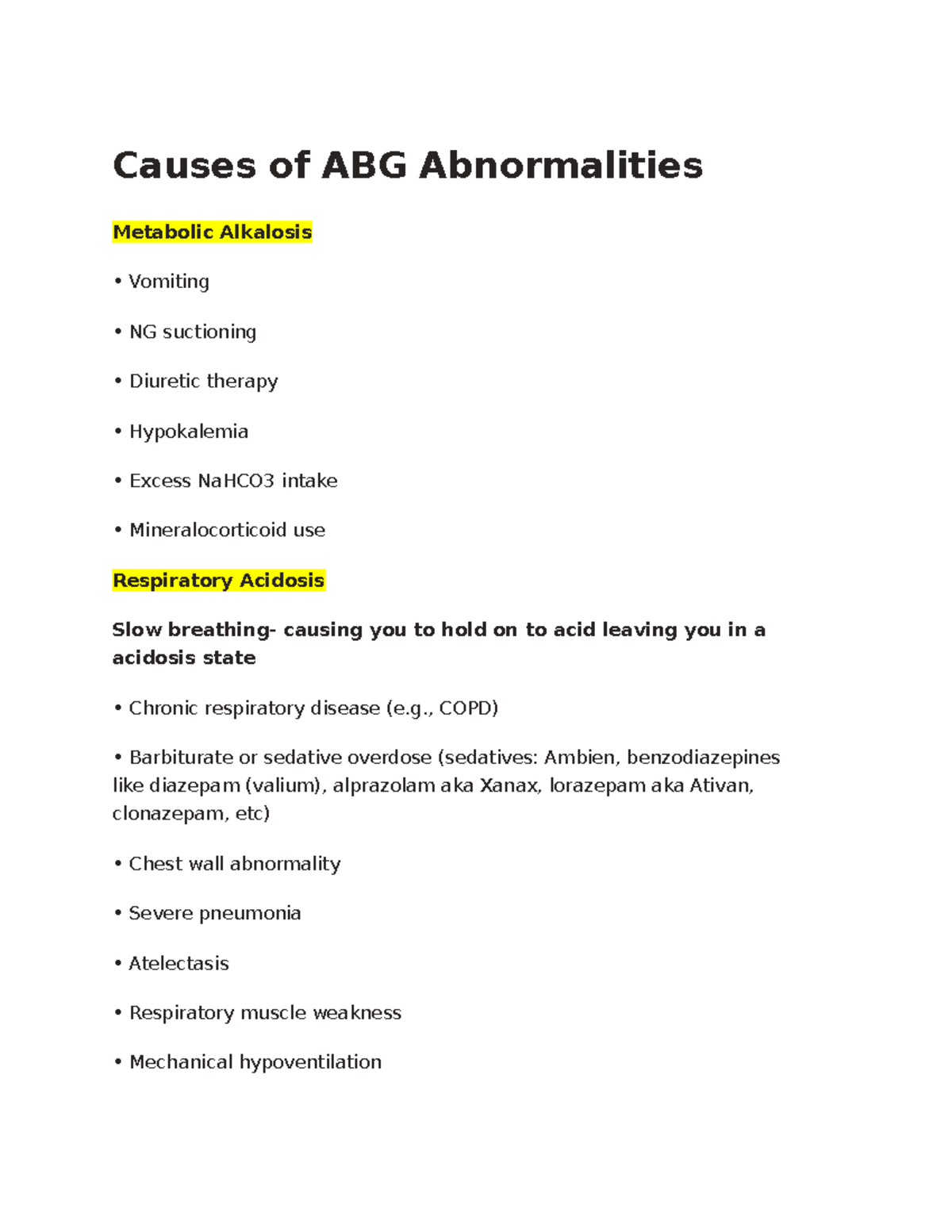 Med surg exam3 - nursing notes - Causes of ABG Abnormalities Metabolic ...