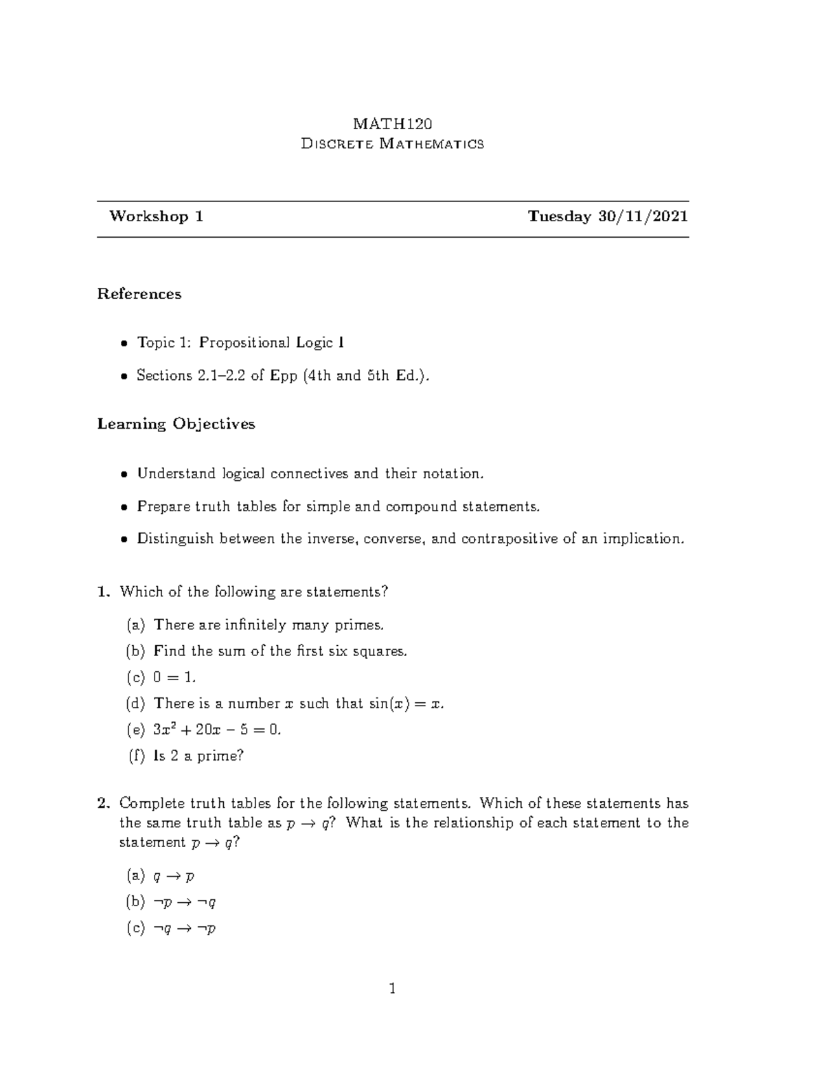 MATH120 S - Workshop 1 - for reference - MATH Discrete Mathematics Workshop 1 Tuesday 30/11 ...