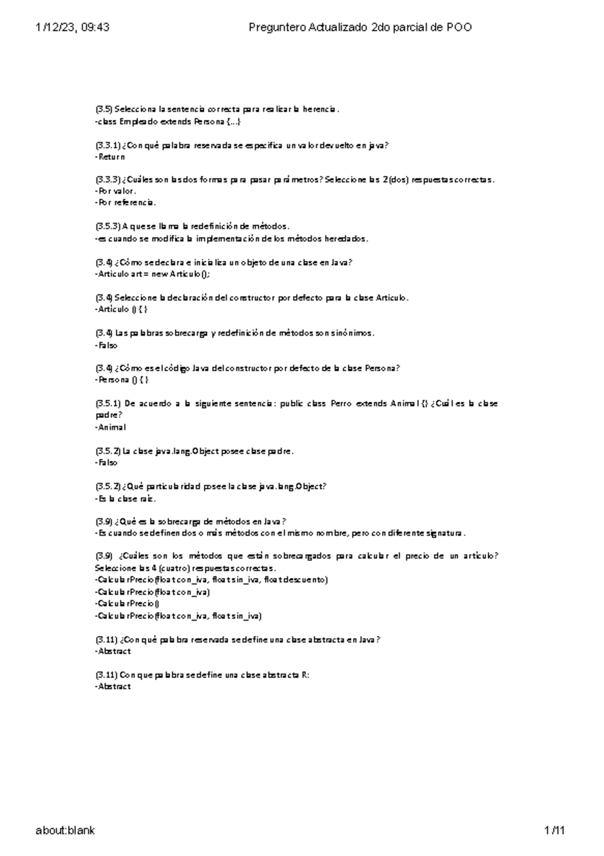 Preguntero Actualizado 2do parcial de POO - (3) Selecciona la sentencia correcta para realizar ...