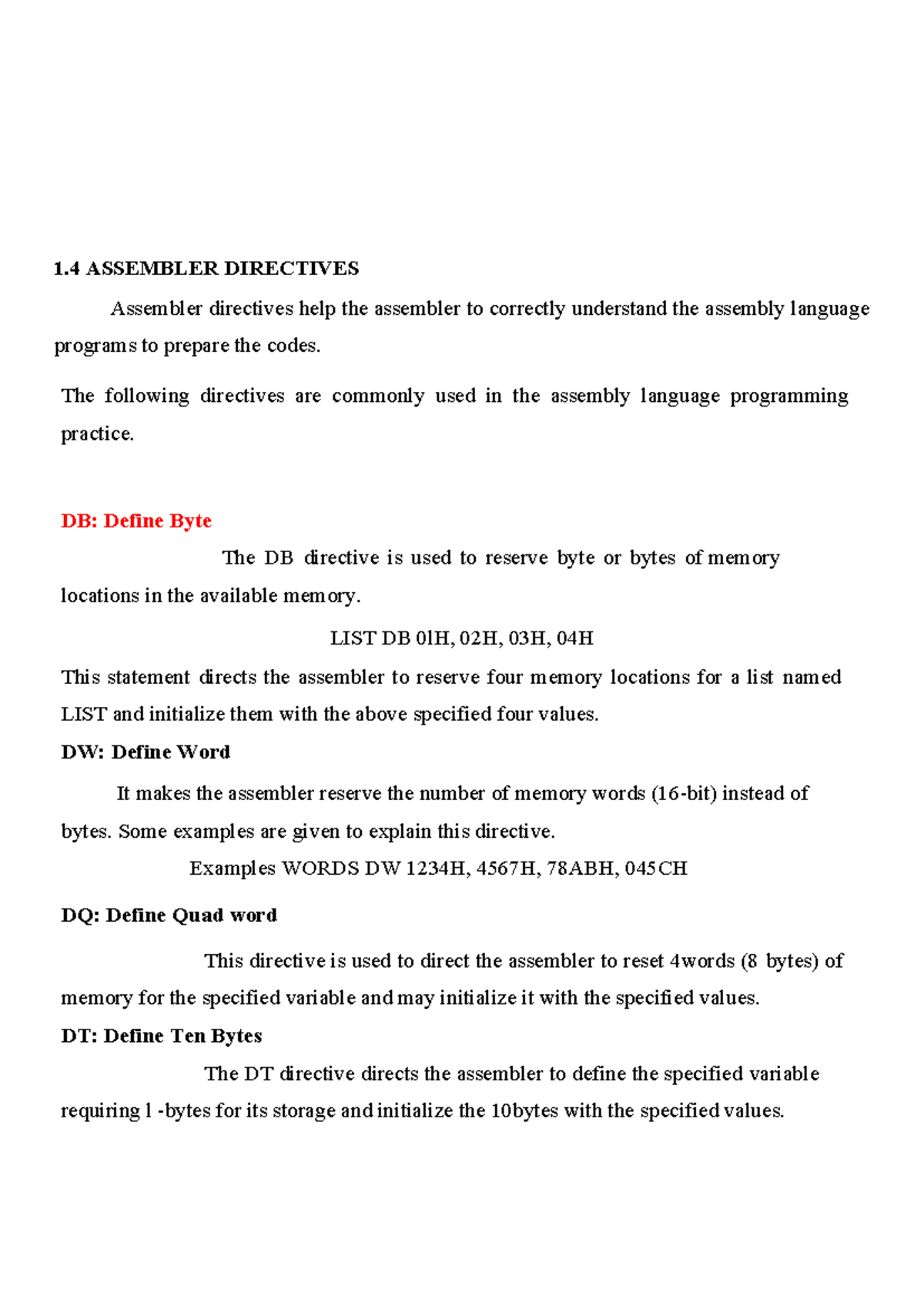 ASSE Directivitities - nill - 1 ASSEMBLER DIRECTIVES Assembler ...