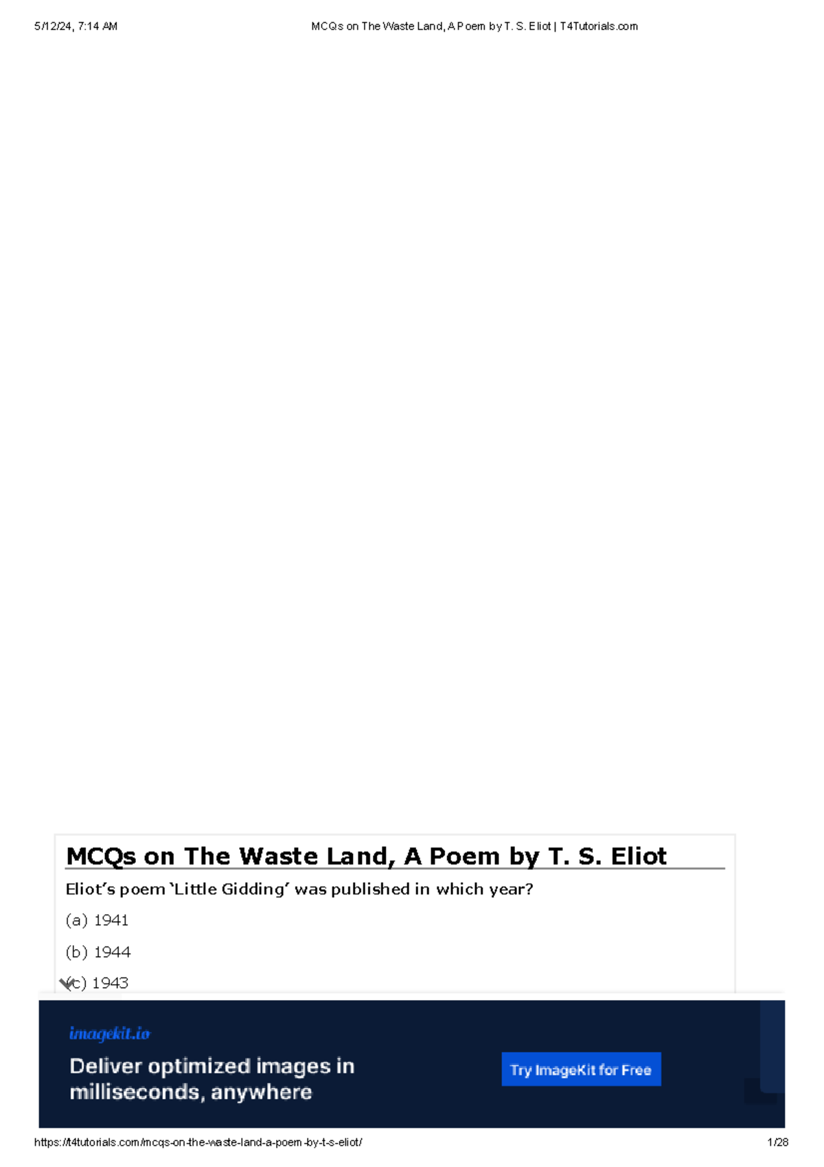 The Waste Land, A Poem by T. S. Eliot CC 10 - MCQs on The Waste Land, A ...