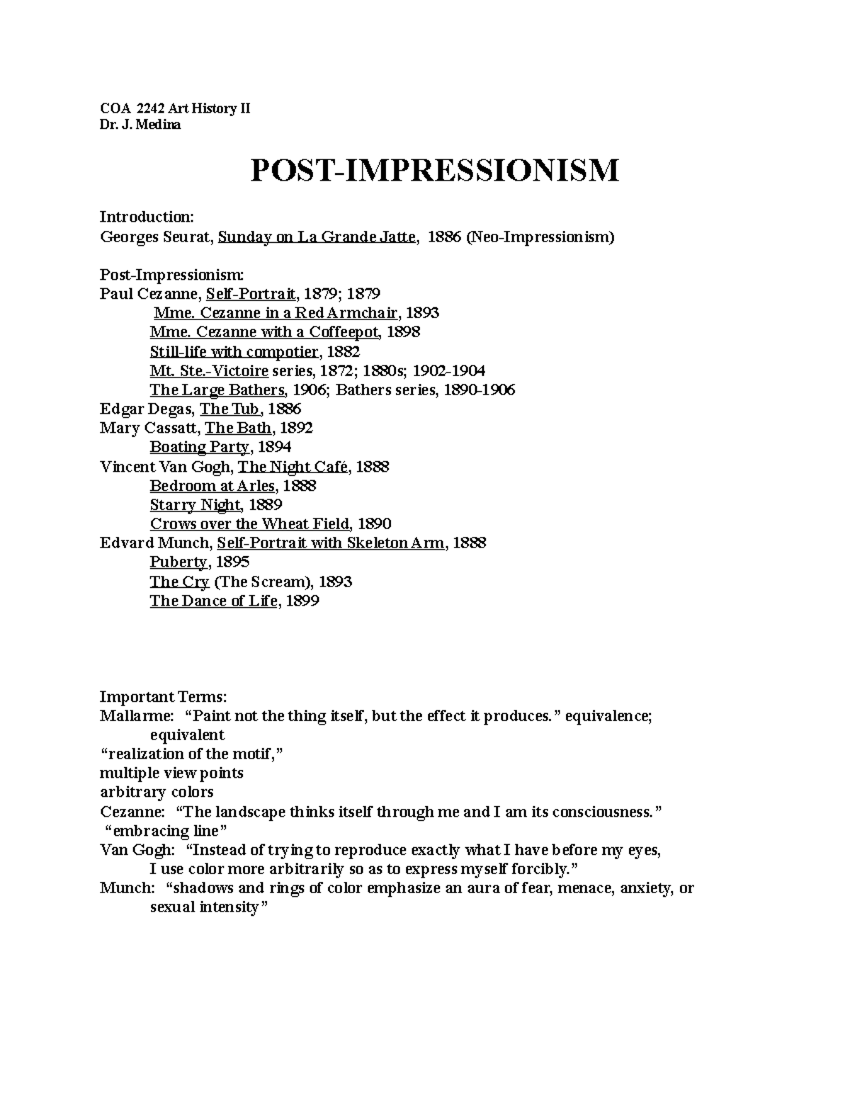 Module 10 2242 post-impressionism - COA 2242 Art History II Dr. J ...