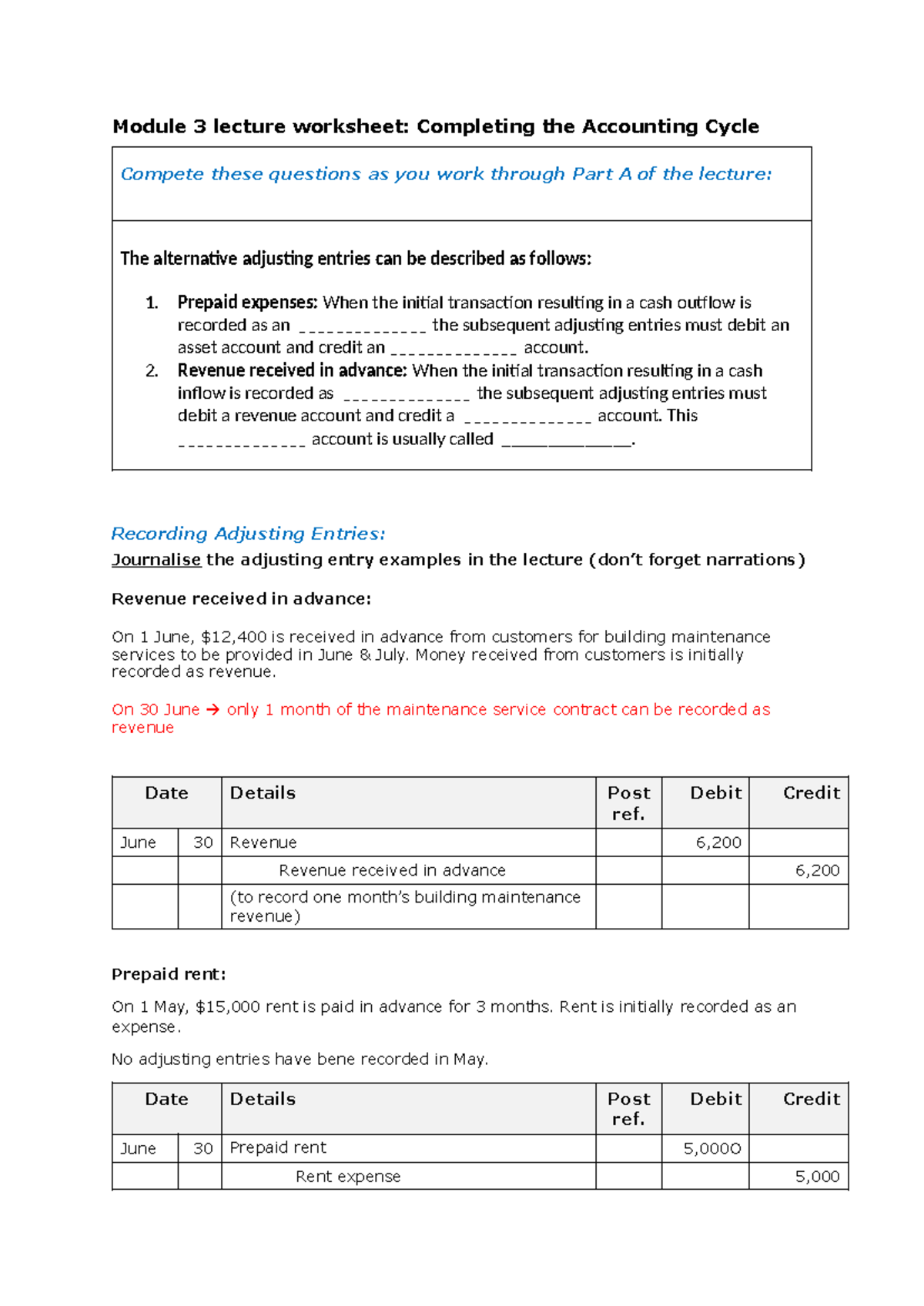 ACCT1006 Module 3 Lecture worksheet - Module 3 lecture worksheet: Completing the Accounting ...