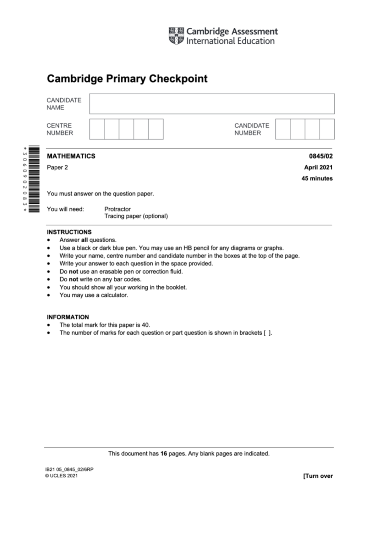 Cambridge Primary Checkpoint - Mathematics (0845) April 2021 Paper 2 ...