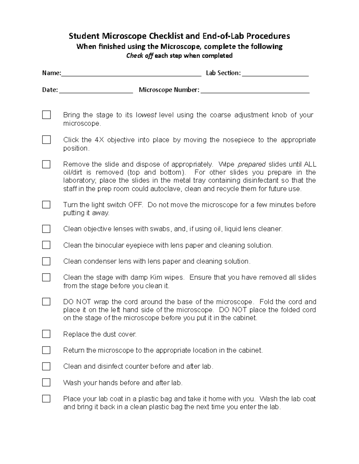 Copy of Student Microscope Checklist - Student Microscope Checklist and ...