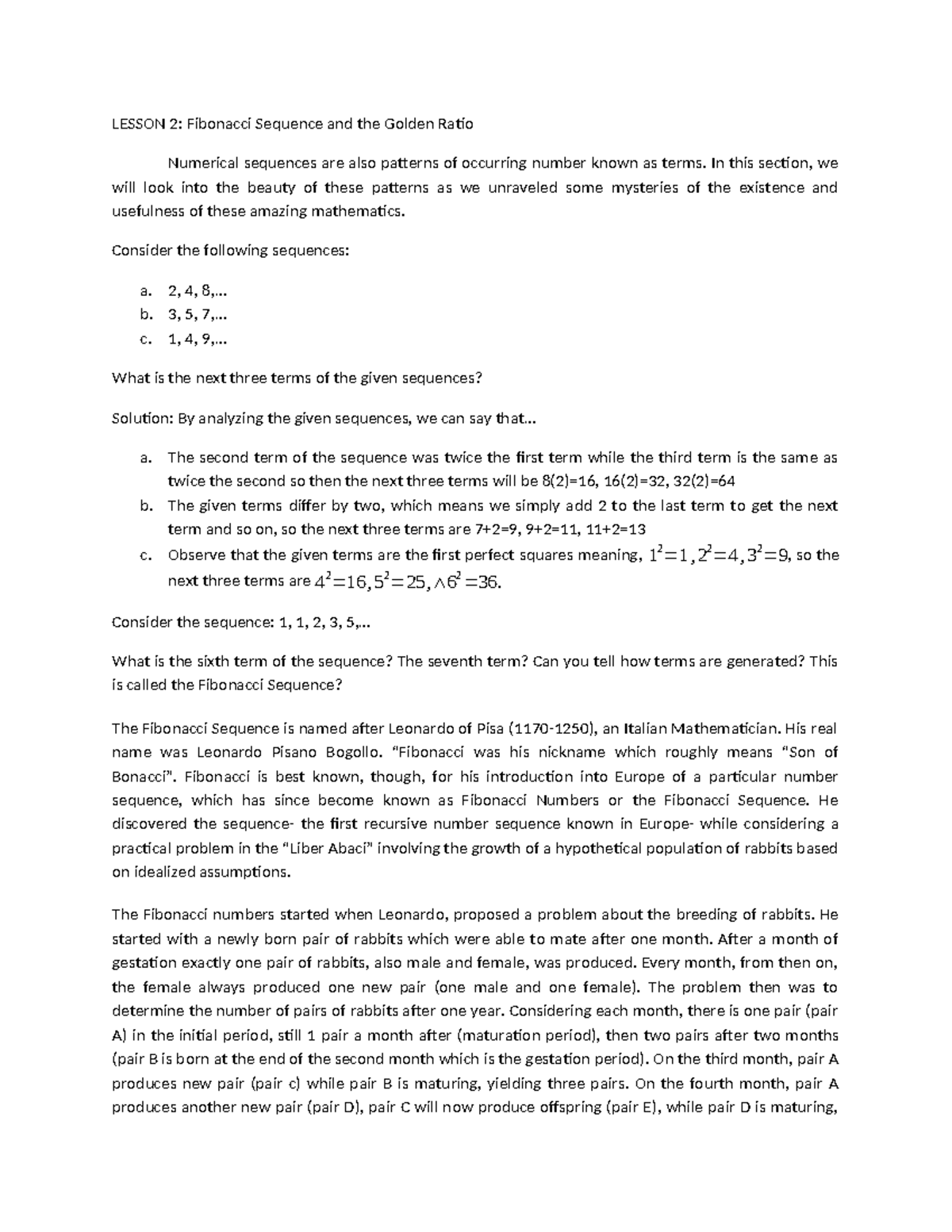 Fibonacci Numbers - LESSON 2: Fibonacci Sequence and the Golden Ratio ...