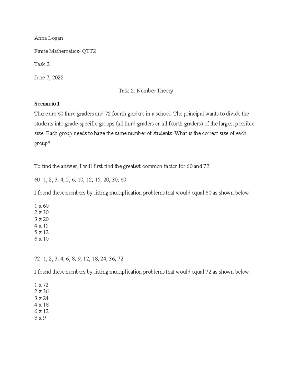 Task 2- QTT2 - Task 2 - Anna Logan Finite Mathematics- QTT Task 2 June 7, 2022 Task 2: Number ...