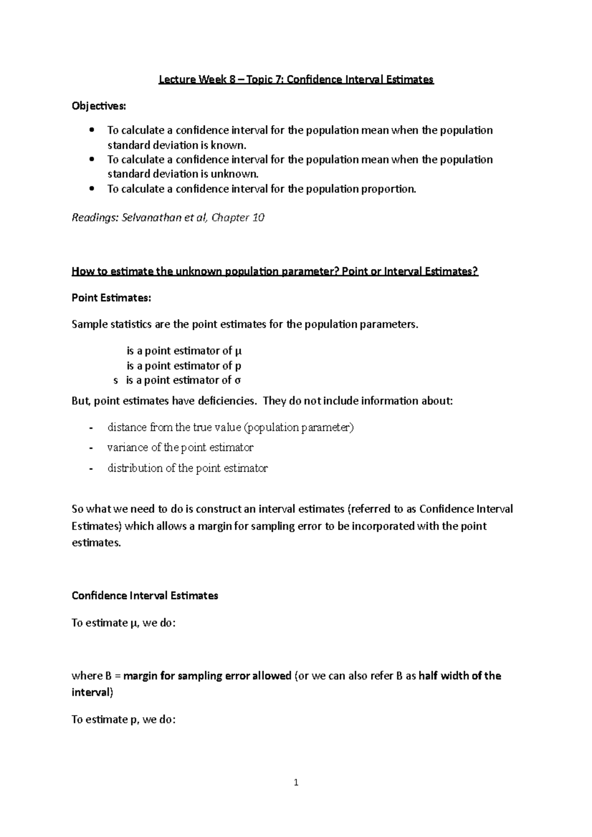 Week 8 Lecture Confidence Intervals - Lecture Week 8 – Topic 7 ...