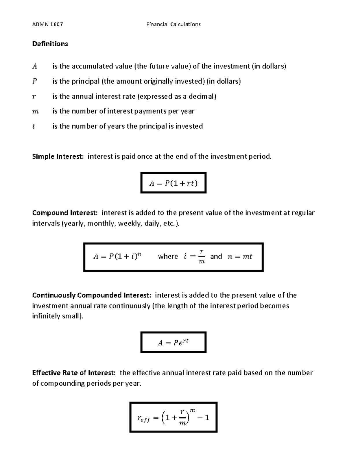 Finance Formulas - ADMN 1607 Financial Calculations Definitions 𝐴 is the accumulated value (the ...