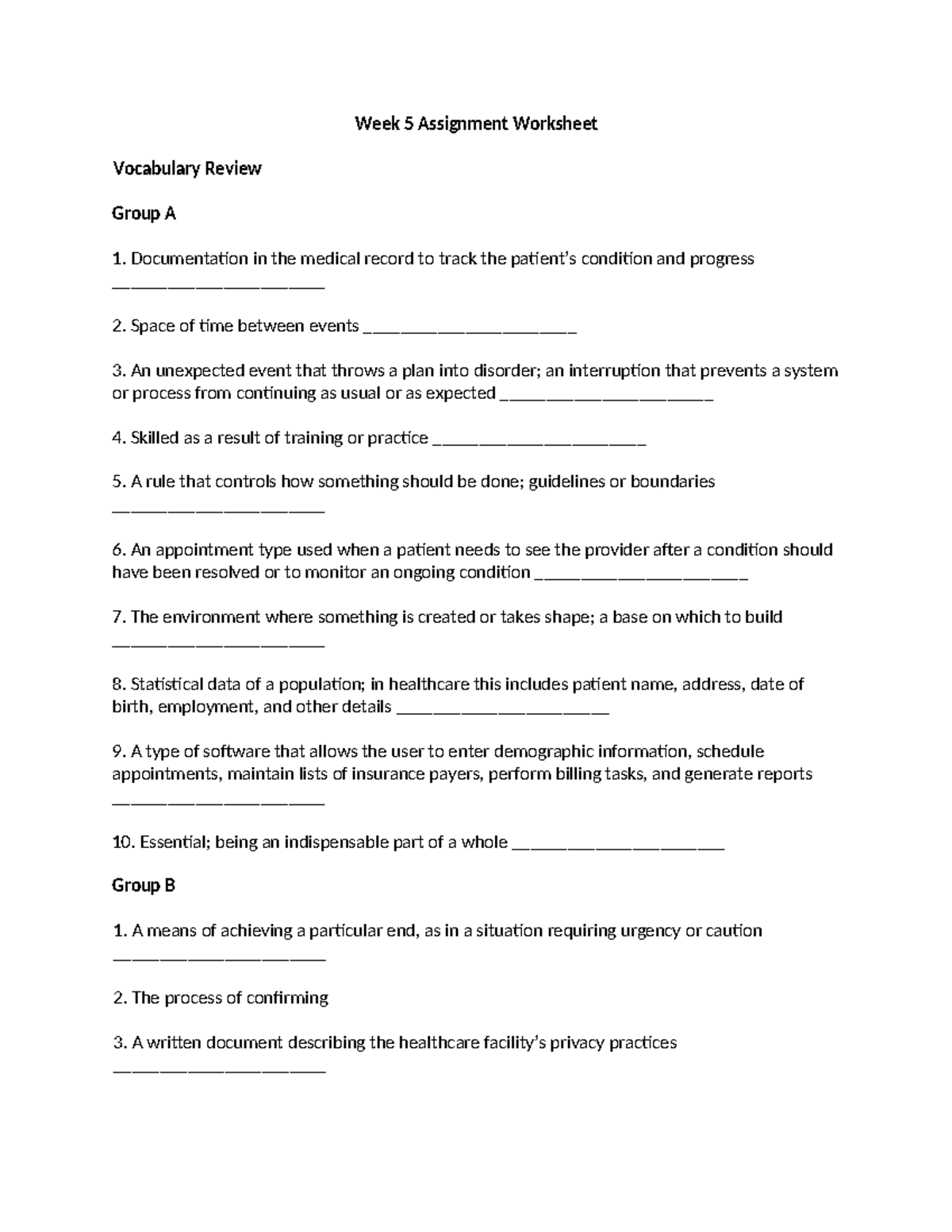 Week 5 Assignment Worksheet - Week 5 Assignment Worksheet Vocabulary ...