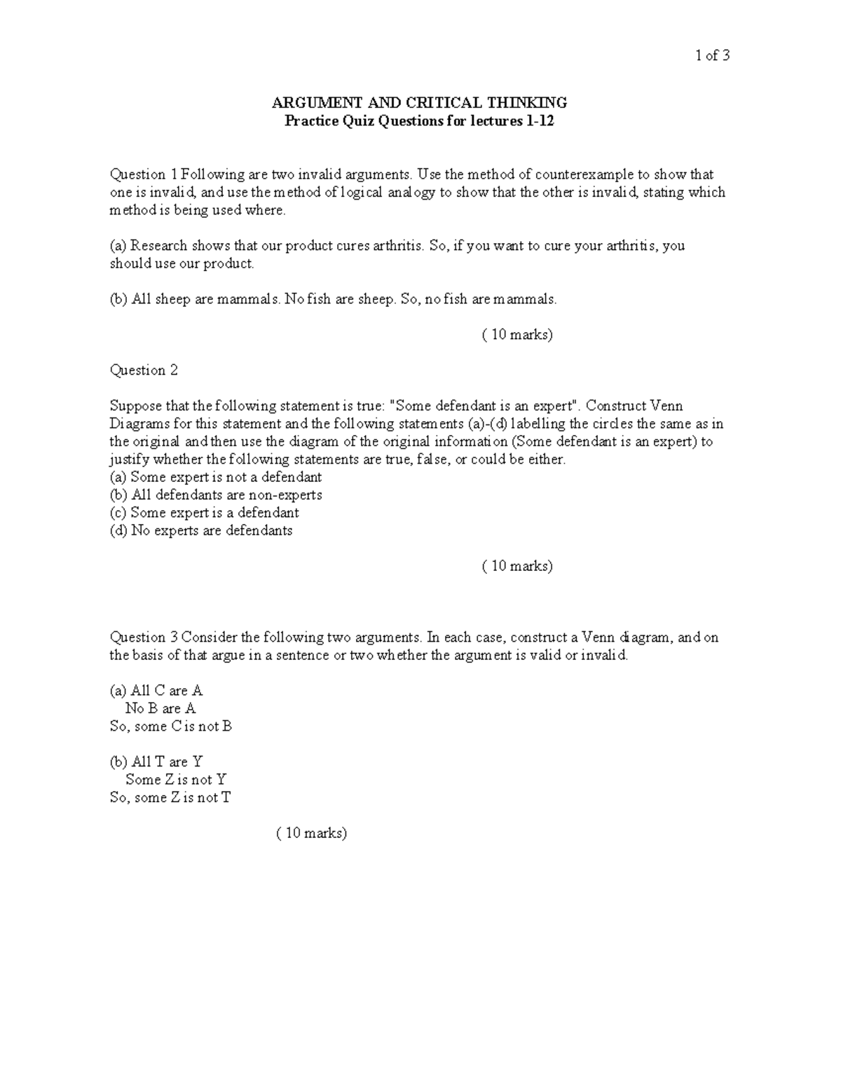 Practice Quiz Questions for Lectures 1-12 - 1 of 3 ARGUMENT AND ...