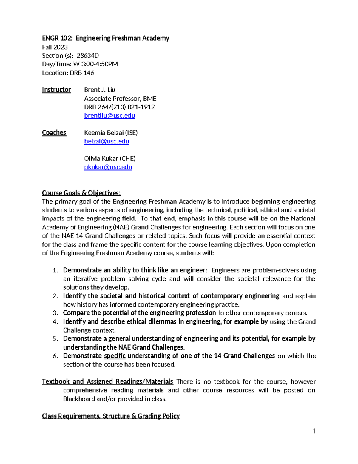 ENGR102 Fall23 Syllabus - ENGR 102: Engineering Freshman Academy Fall ...