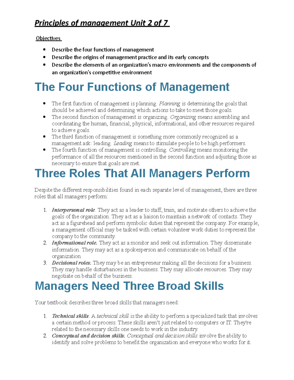 Principles of Management Unit 2 of 7 - Objectives Describe the four ...