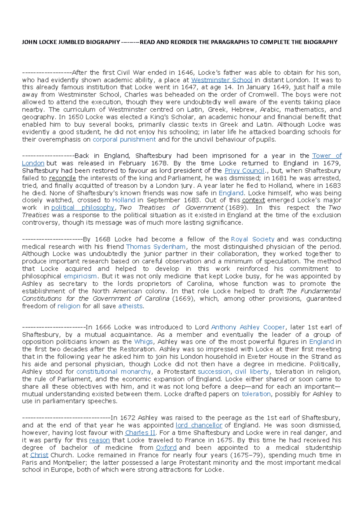 JOHN Locke ACT. 1 - JOHN LOCKE JUMBLED BIOGRAPHY -READ AND REORDER THE ...