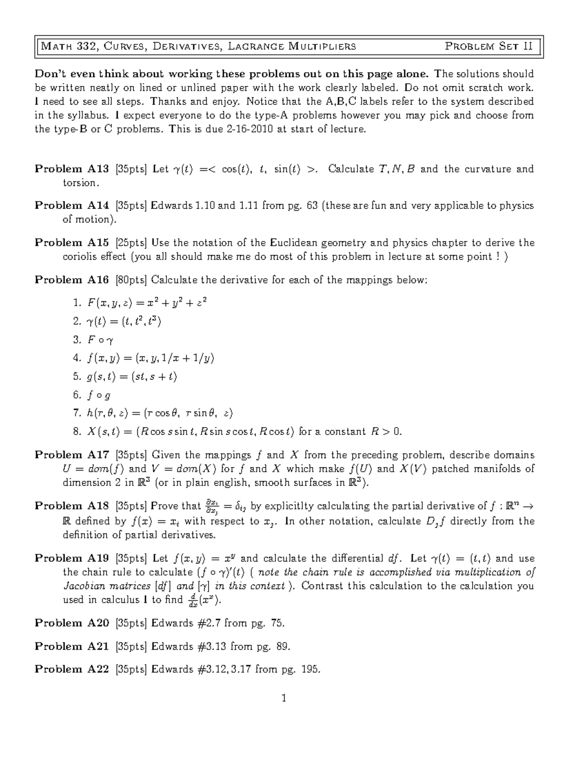 Advancedcalc Problem Set IIs 10 - Math 332, Curves, Derivatives ...