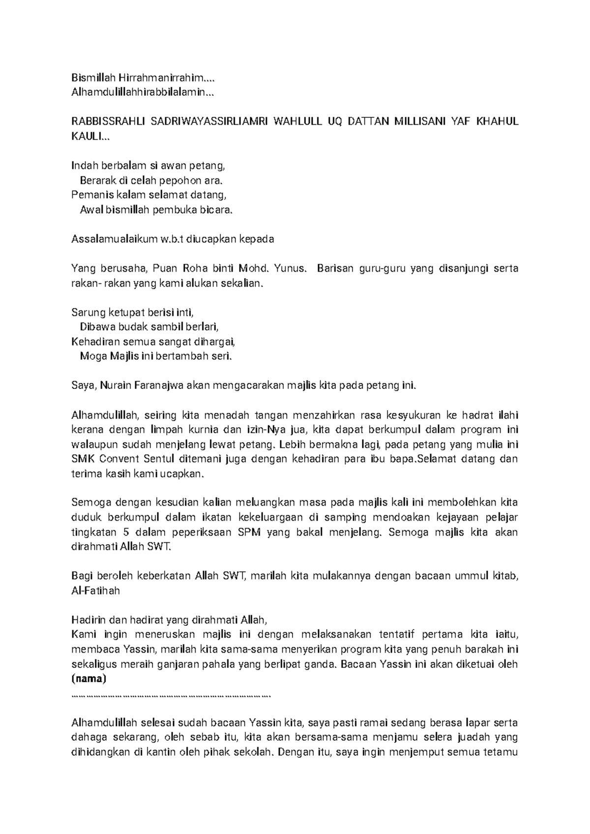 Skrip Majlis - Example of a script for event - Bismillah ...