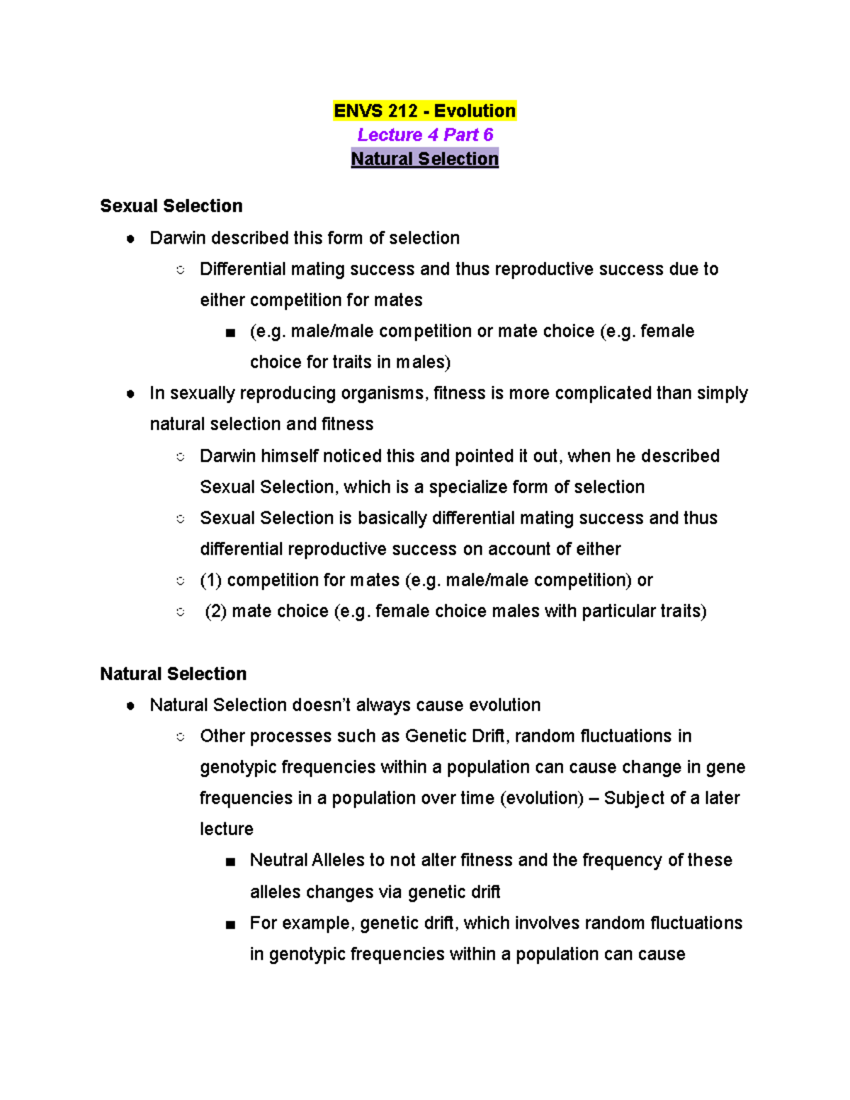 ENVS 212 Lecture 4 Part 6 - Spring 2020 - ENVS 212 - Evolution Lecture 4 Part 6 Natural ...