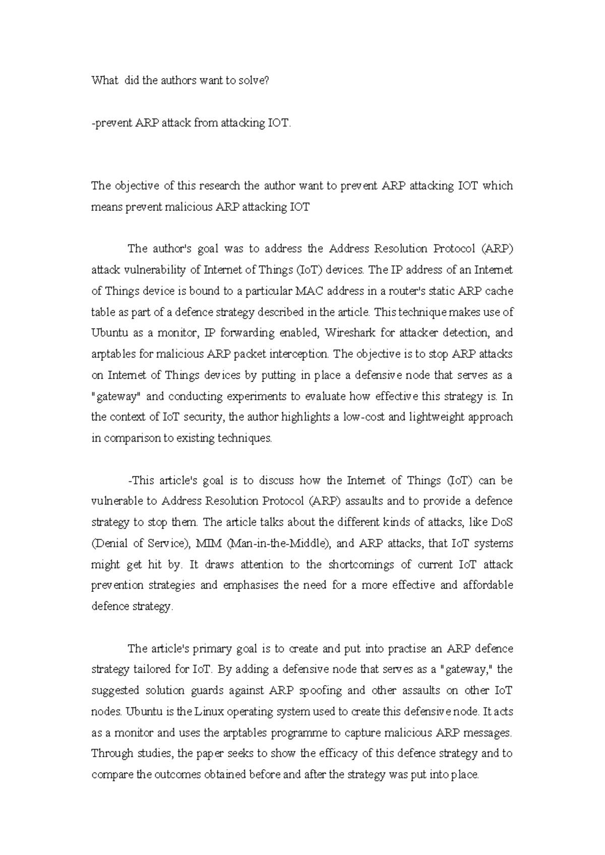 Tcp ip assignment article - What did the authors want to solve? -prevent ARP attack from ...