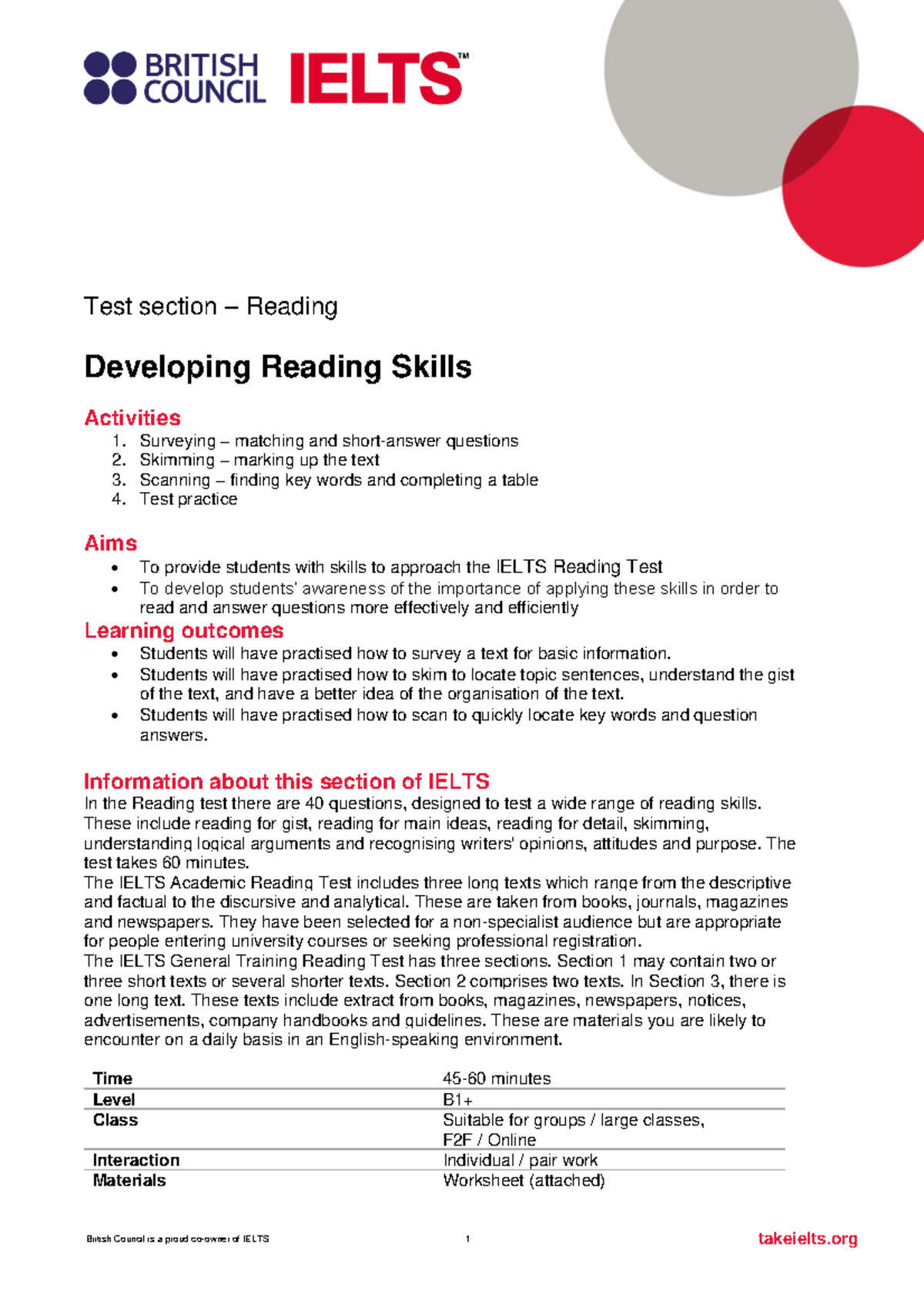 Developing reading skills - Test section – Reading Developing Reading ...